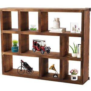 WUWEOT Shadow Box Display Shelf, 15" x 11.8" 9-Slot Rustic Floating Shelves, Wood Finish Wall Mountable/Freestanding Shelf for Wall Table or Desk