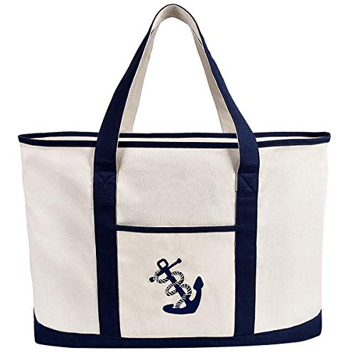 inOne 25" Extra Large Canvas Tote Bag Heavy Duty Roomy Zipper Grocery Shopping Carry Beach Boat Bag Handbag with Embroidered Anchor - Beige