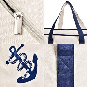 inOne 25" Extra Large Canvas Tote Bag Heavy Duty Roomy Zipper Grocery Shopping Carry Beach Boat Bag Handbag with Embroidered Anchor - Beige