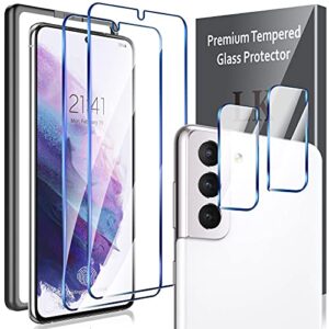 lk [2+2 pack] for samsung galaxy s21 plus screen protector with 2 pack camera lens protector [work with fingerprint reader] ultra-thin, tempered glass screen protector for s21 plus, anti scratch