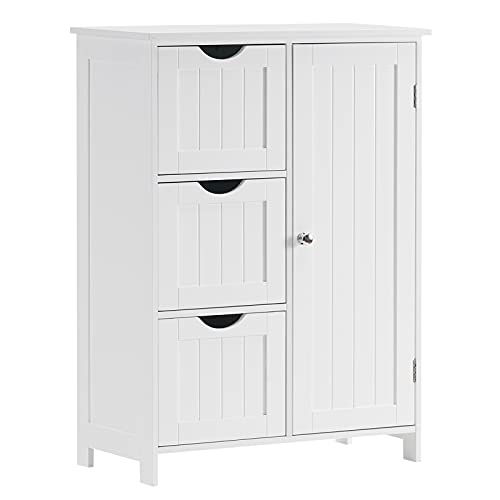 Reettic Bathroom Floor Cabinet, Wooden Freestanding Storage Cabinet, Side Storage Organizer with 1 Cupboard and 3 Drawers, Adjustable Shelf, 23.6" L x 11.8" W x 31.9" H, White BYSG101W