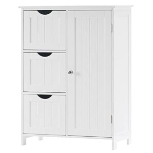 Reettic Bathroom Floor Cabinet, Wooden Freestanding Storage Cabinet, Side Storage Organizer with 1 Cupboard and 3 Drawers, Adjustable Shelf, 23.6" L x 11.8" W x 31.9" H, White BYSG101W