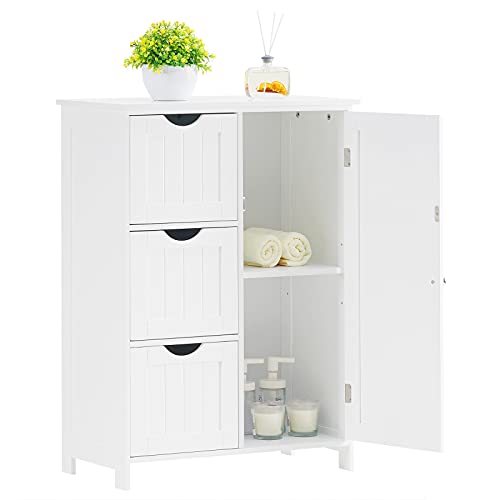 Reettic Bathroom Floor Cabinet, Wooden Freestanding Storage Cabinet, Side Storage Organizer with 1 Cupboard and 3 Drawers, Adjustable Shelf, 23.6" L x 11.8" W x 31.9" H, White BYSG101W