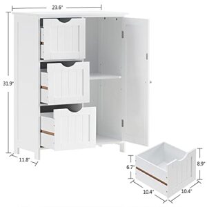 Reettic Bathroom Floor Cabinet, Wooden Freestanding Storage Cabinet, Side Storage Organizer with 1 Cupboard and 3 Drawers, Adjustable Shelf, 23.6" L x 11.8" W x 31.9" H, White BYSG101W