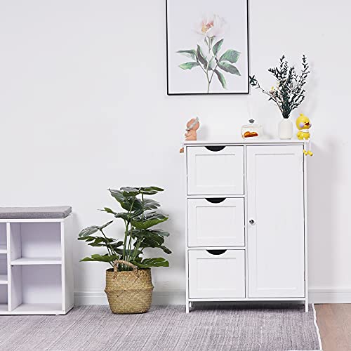 Reettic Bathroom Floor Cabinet, Wooden Freestanding Storage Cabinet, Side Storage Organizer with 1 Cupboard and 3 Drawers, Adjustable Shelf, 23.6" L x 11.8" W x 31.9" H, White BYSG101W