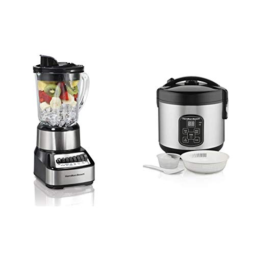 Hamilton Beach Wave Crusher Blender with 40oz Glass Jar (54221) & Beach Digital Programmable Rice Cooker & Food Steamer, 8 Cups Cooked (4 Uncooked), With Steam & Rinse Basket, Stainless Steel (37518)