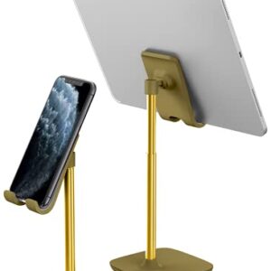 Aduro Elevate Phone & Tablet Holder Stand, Adjustable Height Cell Phone Stand Holder for Desk Compatible with iPhone iPad Galaxy All Phones & Tablets (Gold)