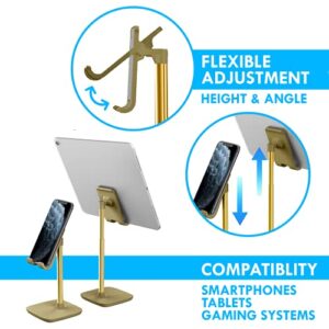 Aduro Elevate Phone & Tablet Holder Stand, Adjustable Height Cell Phone Stand Holder for Desk Compatible with iPhone iPad Galaxy All Phones & Tablets (Gold)