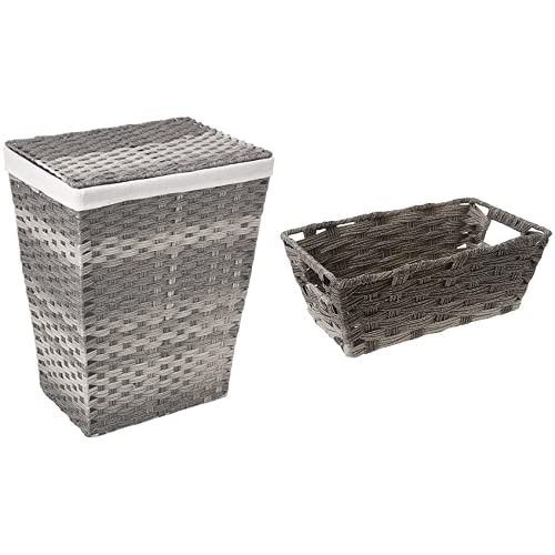 Whitmor Liner and Lid Laundry Hamper, Gray Wash & Split Rattique Small Shelf Tote-Gray Wash