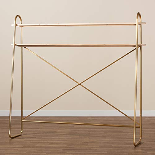 Baxton Studio Merida Glam and Luxe Brushed Gold Finished Metal and Natural Brown Finished Wood 2-Tier Over Bed Queen Size Storage Display Shelf