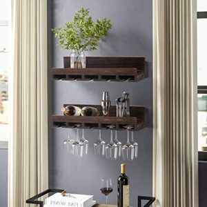 KIAYACI Wall-Mounted Wood Wine Rack 7 Bottles Wine Storage Rack 5 Long Stem Glass Holder Floating Wine Rack Brown 24 x 7.4 x 6 inches