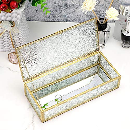 Hipiwe Mirrored Glass Jewelry Display Box - Gold Trinket Lidded Box Keepsake Box Decorative Glass Box Desktop Shadow Box Vanity Organizer Holder for Dresser Bathroom