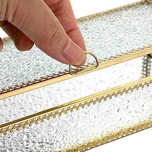 Hipiwe Mirrored Glass Jewelry Display Box - Gold Trinket Lidded Box Keepsake Box Decorative Glass Box Desktop Shadow Box Vanity Organizer Holder for Dresser Bathroom