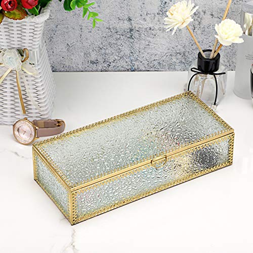 Hipiwe Mirrored Glass Jewelry Display Box - Gold Trinket Lidded Box Keepsake Box Decorative Glass Box Desktop Shadow Box Vanity Organizer Holder for Dresser Bathroom