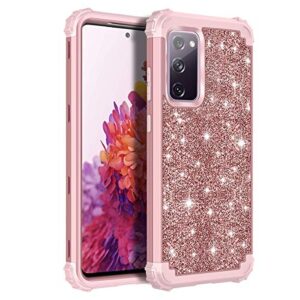 lontect compatible with galaxy s20 fe 5g case glitter sparkly bling shockproof heavy duty hybrid sturdy high impact protective cover case for samsung galaxy s20 fe 5g 6.5 inch 2020, shiny rose gold