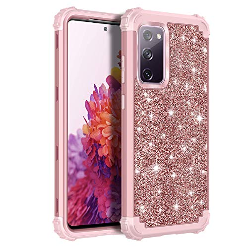 LONTECT Compatible with Galaxy S20 FE 5G Case Glitter Sparkly Bling Shockproof Heavy Duty Hybrid Sturdy High Impact Protective Cover Case for Samsung Galaxy S20 FE 5G 6.5 inch 2020, Shiny Rose Gold