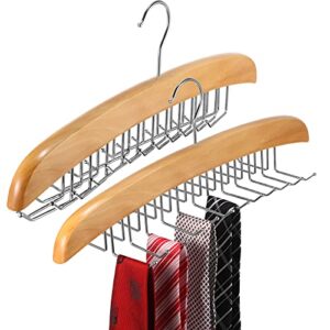 2 pieces wooden tie belt rack adjustable 24 belt hooks belt hanger storage hanging organizer accessories for men women (natural wood color)