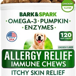 BARK&SPARK Allergy Relief Dog Treats - Omega 3 + Pumpkin + Enzymes - Itchy Skin Relief - Seasonal Allergies - Anti-Itch & Hot Spots - Immune Supplement - Made in USA - Chicken Flavor Soft Chews