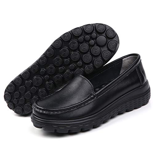 ZYEN Women's Nursing Shoes Comfortable Walking Slip On Nurse Restaurant Work Lightweight Leather Loafers 866 Black 39