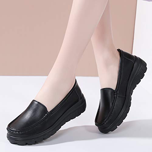 ZYEN Women's Nursing Shoes Comfortable Walking Slip On Nurse Restaurant Work Lightweight Leather Loafers 866 Black 39