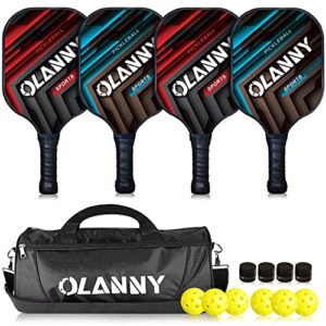 olanny pickleball paddles set | pickleball set includes 4 pickleball paddles + 6 balls+ 4 replacement soft grip + 1 portable carry bag | premium rackets face & polymer honeycomb core