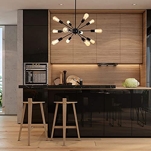 Loclgpm Modern Black Sputnik Chandeliers, 12 Light Metal Sputnik Light Fixture, Sputnik Chandelier Light for Living Room, Dining Room, Bedroom, Kitchen Island, Restaurant with Adjustable Base