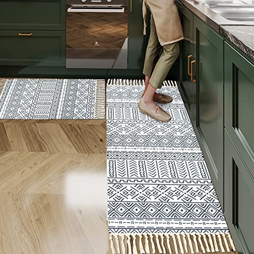 Lacomfy Boho Runner Rug Set 2PC Bathroom Rugs and Mats Black and White Moroccan Floor Mat Throw Rug for Bedroom Living Room Kitchen Laundry Room Farmhouse Decor, Cotton Bohemia Rug with Tassels