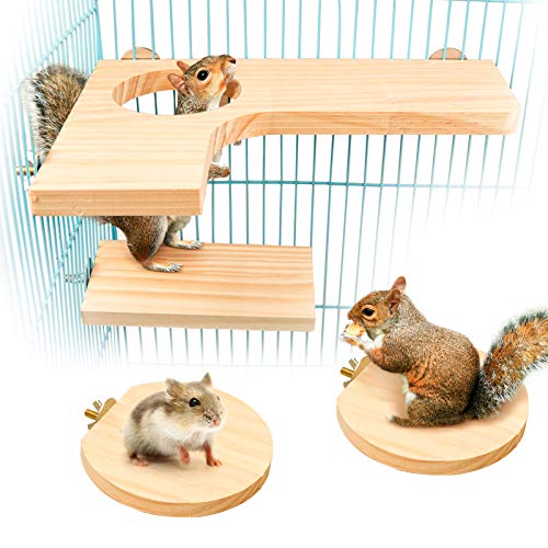 Squirrel Gerbil Chinchilla and Dwarf Hamster L-shaped Round Hole Wooden Platform, 3 Pieces of Natural Hamster Standing Platform Chinchilla Cage Accessories, Birds Parrots Activity Playground (style-1)