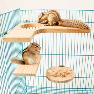 Squirrel Gerbil Chinchilla and Dwarf Hamster L-shaped Round Hole Wooden Platform, 3 Pieces of Natural Hamster Standing Platform Chinchilla Cage Accessories, Birds Parrots Activity Playground (style-1)