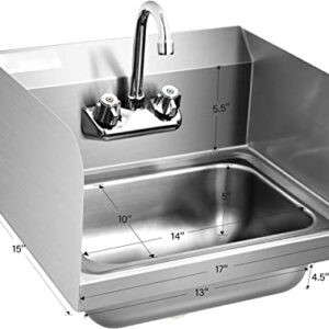 PETSITE Stainless Steel Sink for Washing with Faucet & Splash Guard, Commercial Wall Mount Sink for Home Kitchen 17 x 15 Inch