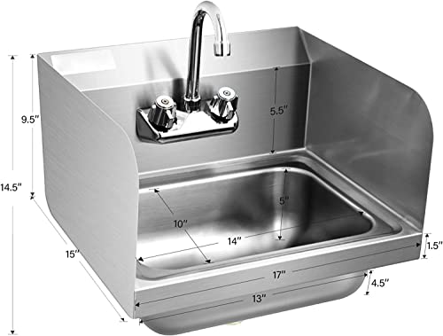 PETSITE Stainless Steel Sink for Washing with Faucet & Splash Guard, Commercial Wall Mount Sink for Home Kitchen 17 x 15 Inch