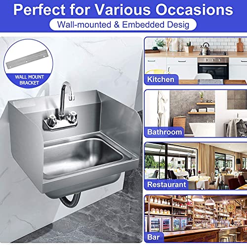 PETSITE Stainless Steel Sink for Washing with Faucet & Splash Guard, Commercial Wall Mount Sink for Home Kitchen 17 x 15 Inch