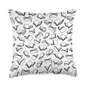 grandio design library book lover bookworm lover minimalist books flock pattern white throw pillow, 18x18, multicolor