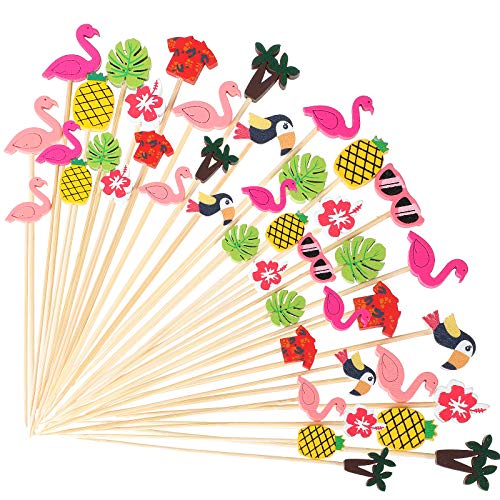 Hawaiian Luau Assorted Picks Tropical Cocktail Bamboo Toothpicks Flamingo Pineapple Beach Toucan Palm Leaf Handmade for Appetizers Food Drinks Luau Hawaii Beach Holiday Party Supplies (100 Pieces)