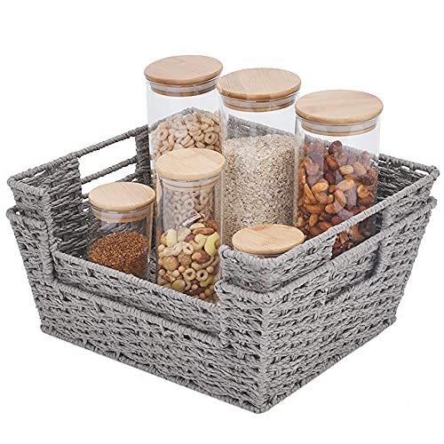 StorageWorks Round Paper Rope Storage Basket, Hand-Woven Open-Front Bin with Handles, Gray, 2-Pack