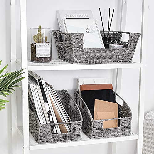 StorageWorks Round Paper Rope Storage Basket, Hand-Woven Open-Front Bin with Handles, Gray, 2-Pack