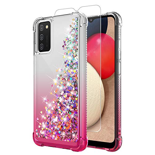 YZOK for Samsung A02S Case,Galaxy A02S Case,with HD Screen Protector,Shockproof Protective Clear Case for Girls Women,Bling Sparkle Quicksand Hard Shell TPU Case for Samsung A02S, Gradient Pink