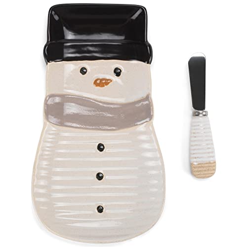 DEMDACO Whitewash Snowman with Top hat 6 x 11 Stoneware Decorative Serving Plate with Spreader