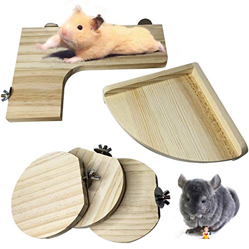 Hamiledyi 5Pcs Hamster Wooden Stand Platform Rat (L/Fan/Circular - Shaped) Activity Springboard Small Animal Natural Cage Corner Accessories for Birds, Parrot, Mouse, Gerbil to Play