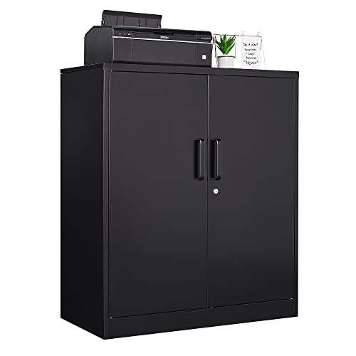 STANI Metal Storage Cabinet, Storage Cabinet with 2 Adjustable Shelves, Steel Counter Cabinet with Lockable Doors for Home Office (Black)