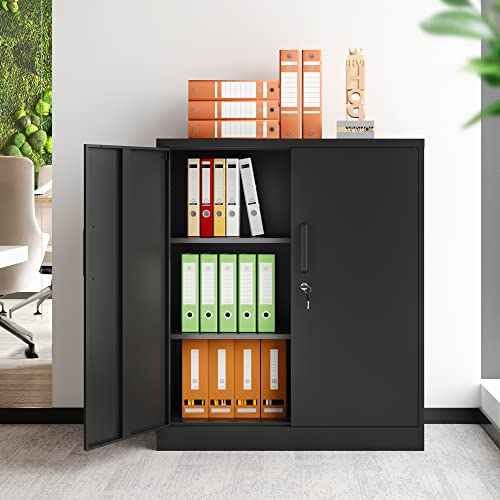 STANI Metal Storage Cabinet, Storage Cabinet with 2 Adjustable Shelves, Steel Counter Cabinet with Lockable Doors for Home Office (Black)