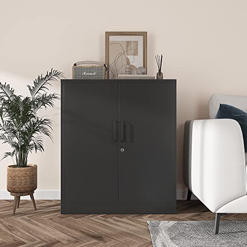 STANI Metal Storage Cabinet, Storage Cabinet with 2 Adjustable Shelves, Steel Counter Cabinet with Lockable Doors for Home Office (Black)