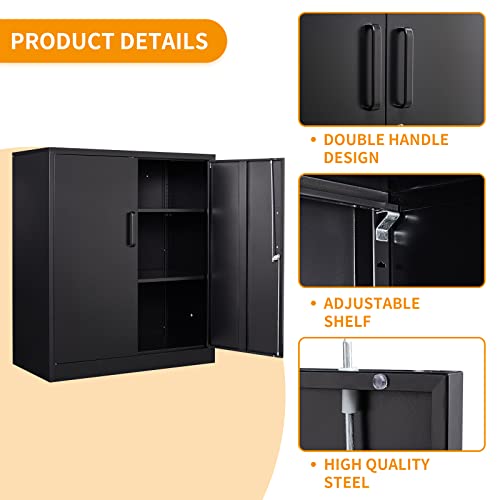 STANI Metal Storage Cabinet, Storage Cabinet with 2 Adjustable Shelves, Steel Counter Cabinet with Lockable Doors for Home Office (Black)