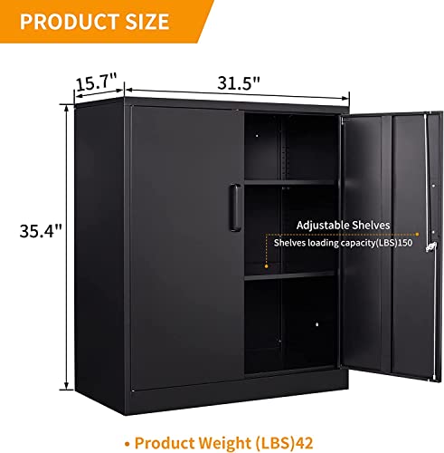 STANI Metal Storage Cabinet, Storage Cabinet with 2 Adjustable Shelves, Steel Counter Cabinet with Lockable Doors for Home Office (Black)