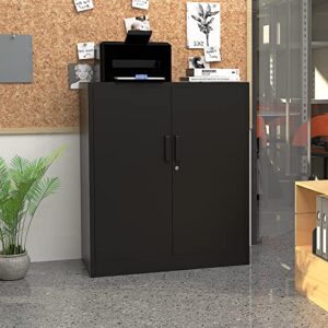 STANI Metal Storage Cabinet, Storage Cabinet with 2 Adjustable Shelves, Steel Counter Cabinet with Lockable Doors for Home Office (Black)