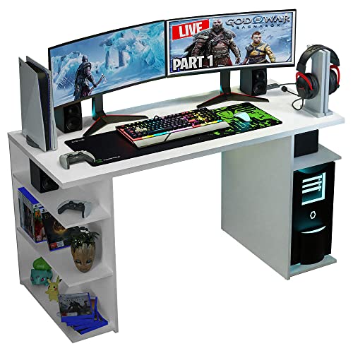 Madesa Gaming Computer Desk with 5 Shelves, Cable Management and Large Monitor Stand, Wood, 24" D x 53" W x 29" H - White