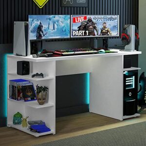 Madesa Gaming Computer Desk with 5 Shelves, Cable Management and Large Monitor Stand, Wood, 24" D x 53" W x 29" H - White