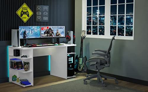 Madesa Gaming Computer Desk with 5 Shelves, Cable Management and Large Monitor Stand, Wood, 24" D x 53" W x 29" H - White