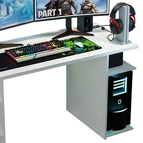 Madesa Gaming Computer Desk with 5 Shelves, Cable Management and Large Monitor Stand, Wood, 24" D x 53" W x 29" H - White