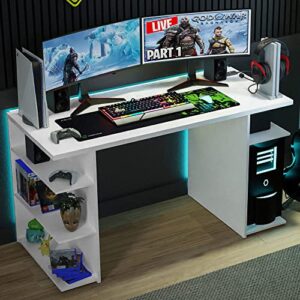 Madesa Gaming Computer Desk with 5 Shelves, Cable Management and Large Monitor Stand, Wood, 24" D x 53" W x 29" H - White